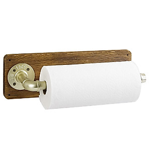 MyGift Rustic Burnt Solid Wood Paper Towel Holder Under Cabinet Wall Mount for Kitchen Paper Towel with Easy Refill Open End Industrial Brass Pipe Bar, Single Roll Paper Towel Rack Dispenser