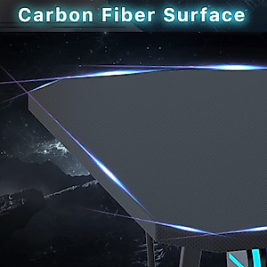 JOY worker Gaming Desk with LED Lights, 47 Inch Gamer Desk Carbon Fiber Desktop, Game Desk with Cup Holder, Home Office Gaming Room Workstation, Black