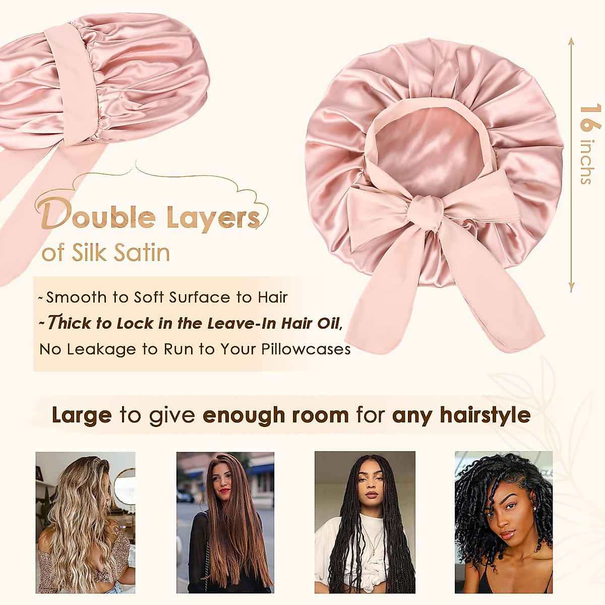 YANIBEST Satin Bonnet Silk Bonnet for Sleeping Double Layer Satin Lined Hair Bonnet with Tie Band for Women Curly Hair Blush Pink