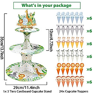 Baby Jungle Safari Birthday Cupcake Stand with 24pcs Cupcake Toppers for Safari Animals Theme Party Decorations 3 Tire Jungle Theme Cupcake Dessert Holder for Forest Wild One Baby Shower