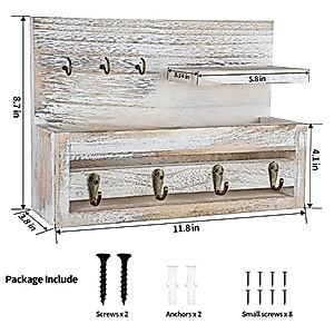 Wood Mail Organizer Wall Mounted - Key Holder for Wall, Mail and Key Holder with Shelf, Mail Holder with Key Hooks for Letter, Bills and Dog Leash, Rustic Mail Sorter for Entryway, Office, White