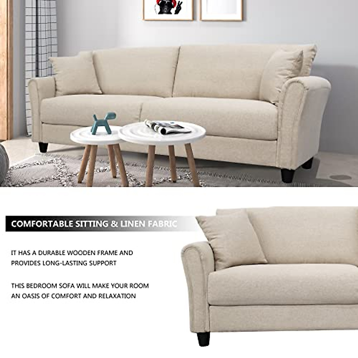 Melpomene 85'' Sofa w/Flared Arm, Couch for Living Room Linen Minimalism/Mid-Century/Contemporary Style (Beige)