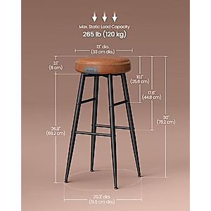 VASAGLE EKHO Collection - Bar Stools Set of 2, Bar Height Bar Stools, Kitchen Counter Stools, Mid-Century Modern Backless Counter Stools, 30-Inch Tall, Kitchen Island Home Bar, Caramel Brown