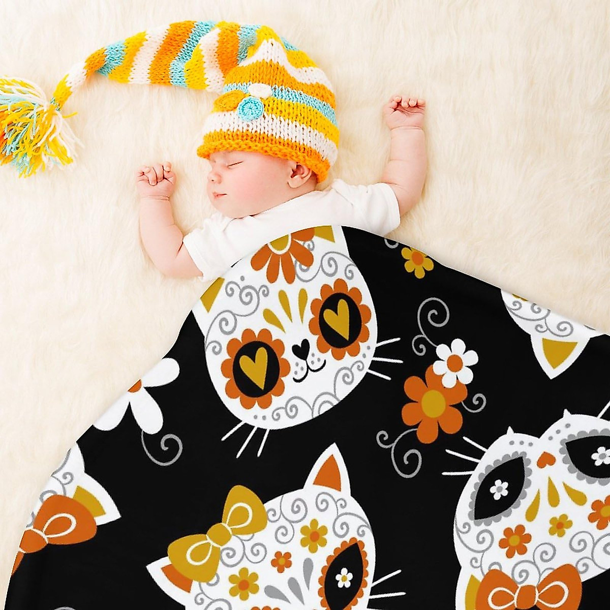 LAKIMCT Cute Sugar Skull Cat Round Soft Baby Blankets for Boys Girls, Newborn Blanket for Suitable for Swaddling Sleep Stroller Cover Nursery Blanket, 35 Inch