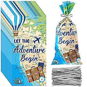 100 Pcs Adventure Awaits Party Decorations Travel Party Cellophane Bag Cello Goodie Candy Favor Bags with 100 Pcs Twist Ties, Retirement Awaits Party Supplies Decorations Gift Wrapping
