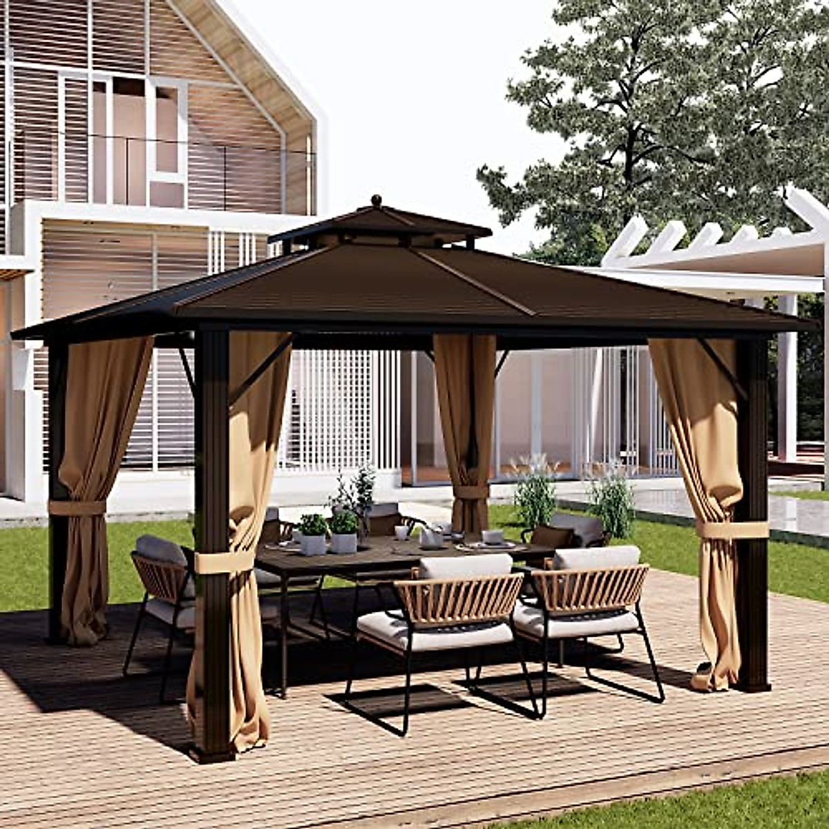 GAZEBEST 12' X 12' Permanent Hardtop Gazebo, Outdoor Galvanized Steel Double Roof Pavilion Pergola Canopy with Aluminum Frame Nettings and Curtains for Garden, Patio, Backyard, Deck and Lawns.