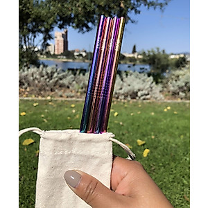 Reusable Straws Set, Stainless Steel Metal, Colorful, Includes 8 Straws, 4 Silicone Tips, 2 Cleaning Brushes, and 2 Travel Pouches, Draw String Bag and Wrap Bag for Hot & Cold Drinks