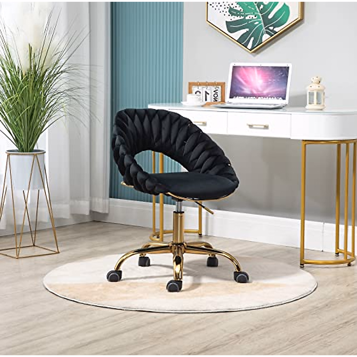 Velvet Home Office Desk Chair, Modern Adjustable Swivel Task Chair, Upholstered Cute Vanity Chair with Woven Back, Tufted Computer Chair with Gold Metal Base for Office, Bedroom, Study, Black