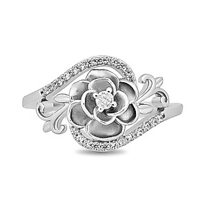 Jewelili Enchanted Disney Fine Jewelry Sterling Silver 1/5 Cttw Natural White Round Diamond Cinderella 70th Gardania Flower Fashion Ring, Size 7