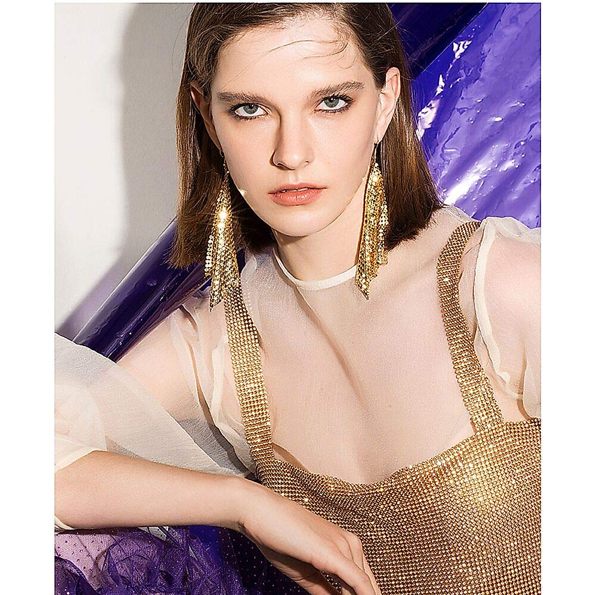 Suyi Trendy Women Earrings Metal Mesh Grid Sequins Tassel Long Drop Dangle Earrings Gold