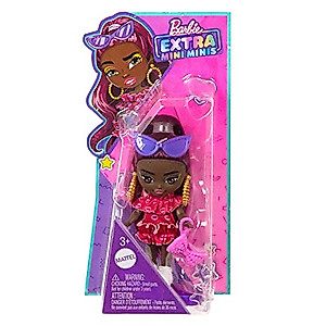 Barbie Extra Mini Minis Doll with Burgundy Hair, Red Ruffle Dress, Sunglasses & Accessories & Stand, 3.25-inch