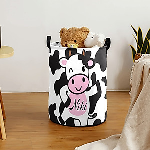 Black Lovely Cow Print Laundry Hamper Personalized with Name Canvas Waterproof Storage Bin with Handle for Kids Nursery Hamper Gift Baskets Home Organizer