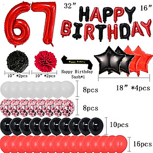yujiaonly 67th Birthday Party Decorations-Happy Birthday Foil Ballons Banner Red Number 67 Happy birthday Sash Latex Balloons Perfect for 67 Years Old Party Supplies Balloons Number 67 Red