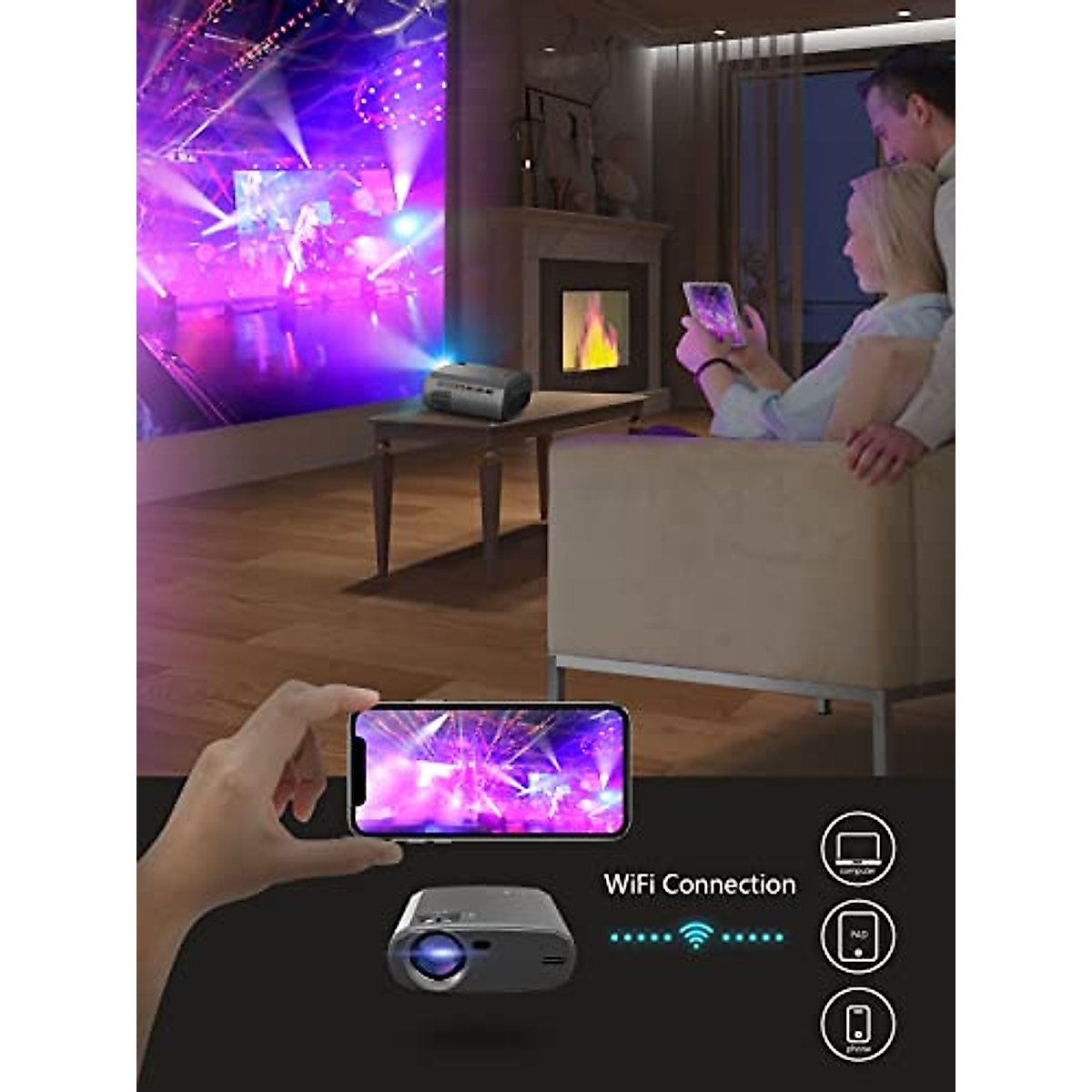 WEWATCH V50 5G WiFi Projector 1080P with Blutooth (Gray), PS101 Adjustable Height Table Projector Tripod Stand