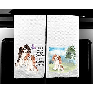 Cavalier King Charles Spaniel Landscape and Watercolor Dog Life is Better Microfiber Kitchen Tea Towel Set of 2