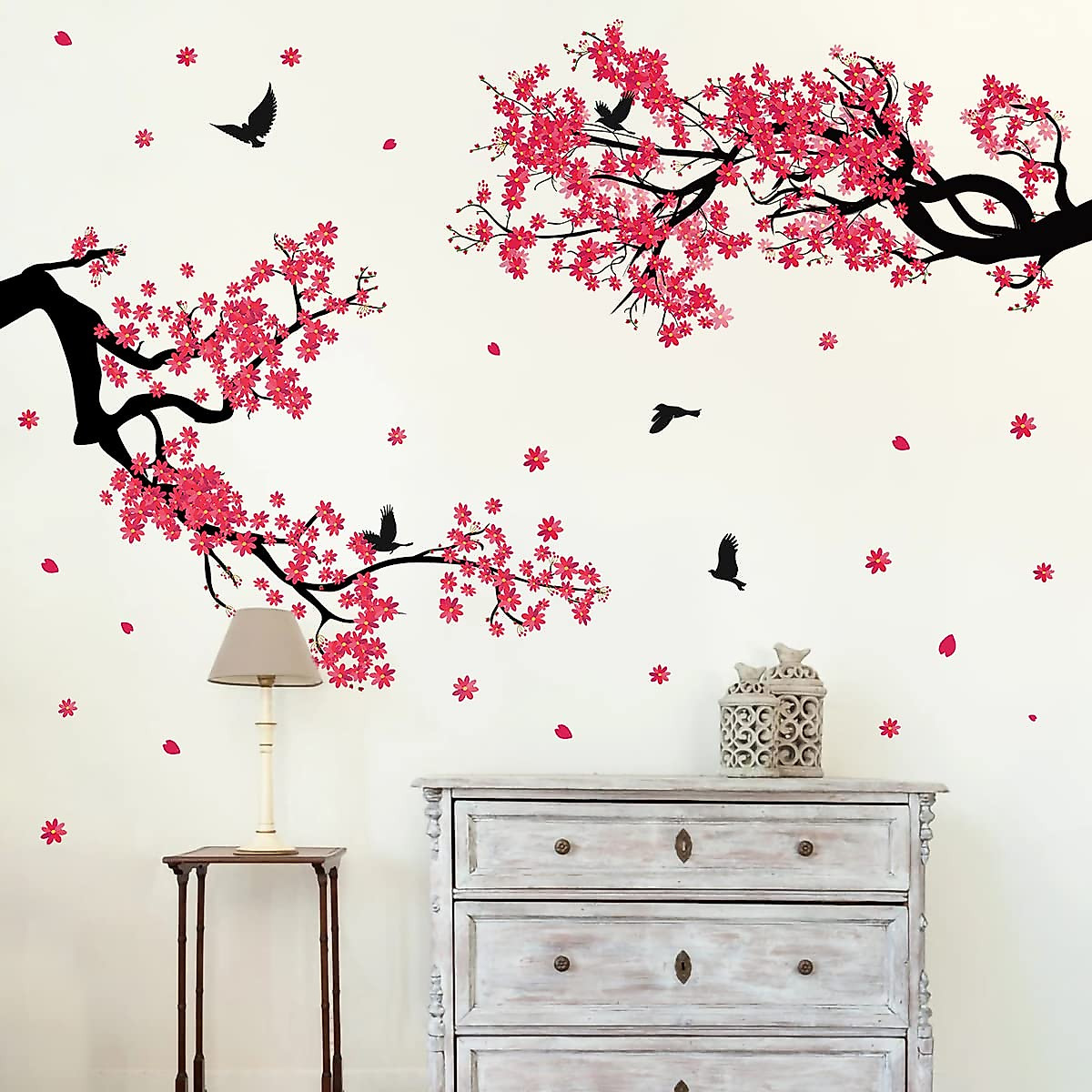WOYINIS 3D Cherry Blossom Wall Stickers, Tree Branch Birds and Falling Flowers Petals Wall Decals, Peel & Stick Women Girls Bedroom Wall Decals Stickers Art for Living Room Bedroom Office Wall Decor