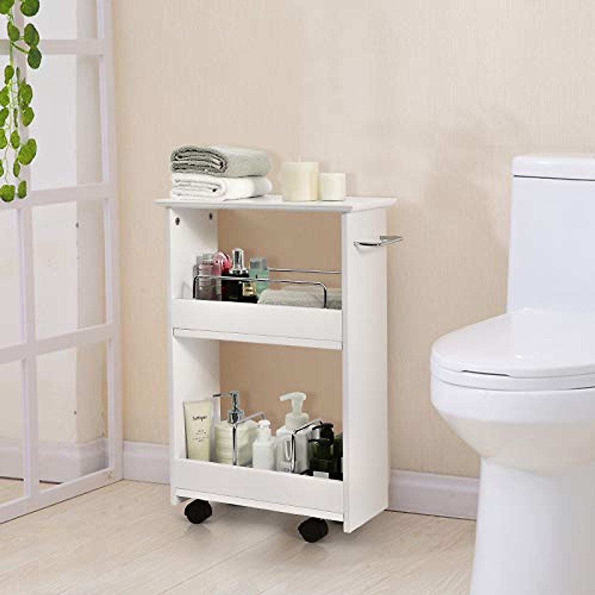 ARLIME 3 Tier Bathroom Storage Cart, Wooden Rolling Storage Cabinet w/ Towel Rack and Side Handle, Lockable Wheel, Side Storage Organizer for Bathroom Kitchen Laundry