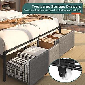 Yoobure Queen Size Bed Frame, Metal Platform Bed Frame Queen Size with Headboard, Noise Free Bed Frames with Storage Drawers, Bedframe with Charging Station LED Light, Heavy Duty, No Box Spring Needed