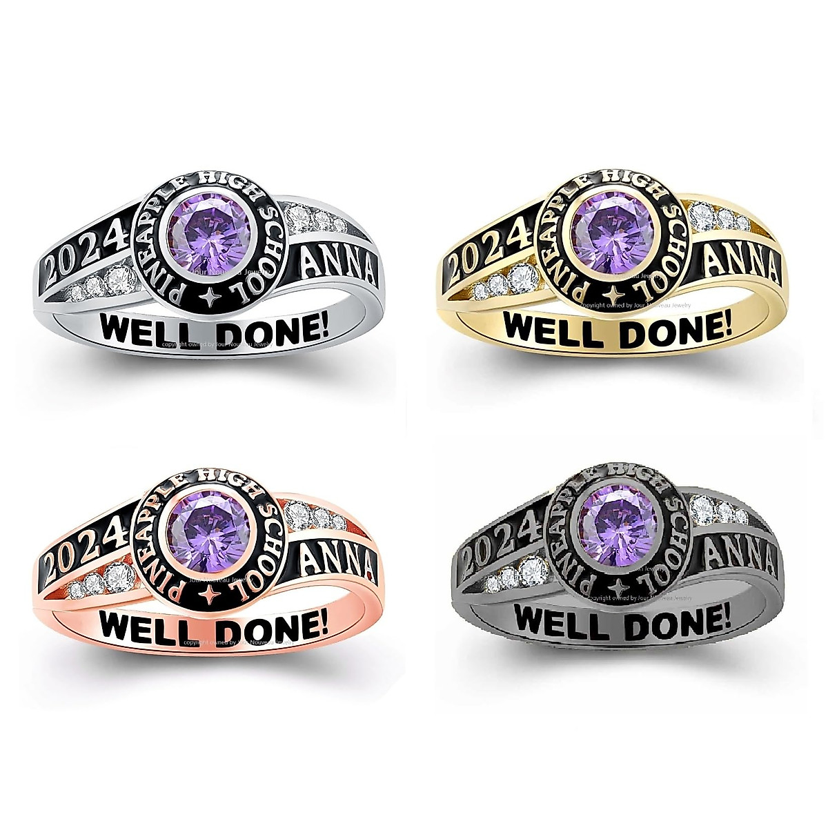 JNJ Women's Class Ring, personalized for high school and college graduates, Sterling Silver, Birthstone Class Rings (Platinum)