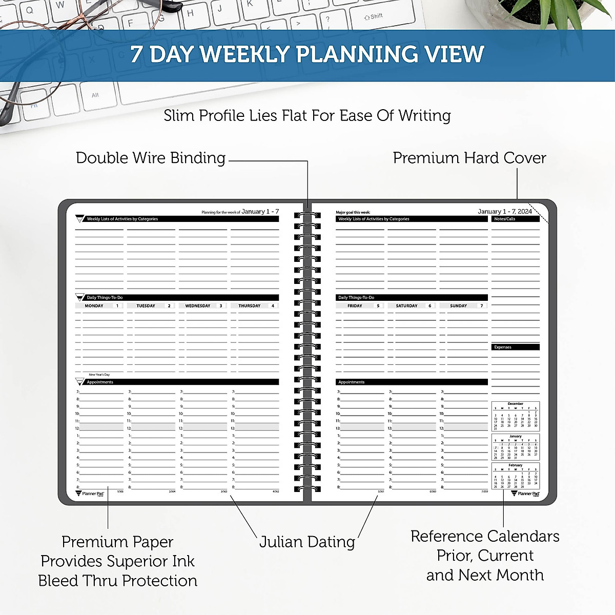Planner Pad Spiral Bound 3-Tier Funnel Down 12 Month Organizer, Calendar Year (January - December 2024), Black Cover/Black Ink, 6 3/4" x 8 1/2"