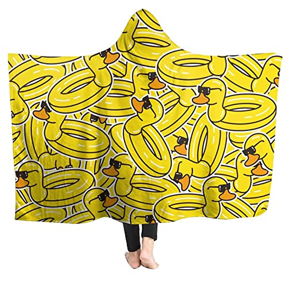 Hooded Blanket, Duck Swimming Ring Tropical Summer Cartoon Pattern Anti Pilling Flannel Print Wearable Blanket Fleece Throw Blanket Wrap Soft Microfiber Novelty Blanket 60x50 Inch