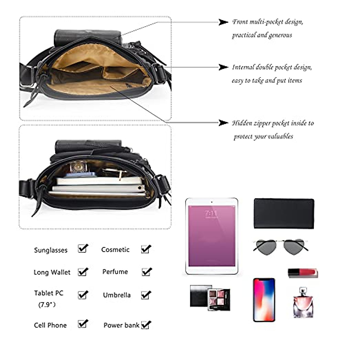 PLANET DECOR Women Large Crossbody Purse Capacity PU Shoulder Bag with Mulit-Pockets Zipper Backpack for Women (2101-black)