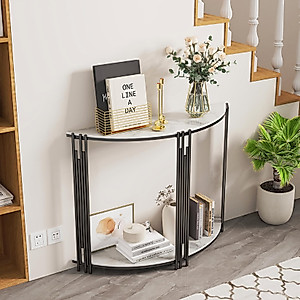 Wisfor Sintered Stone Console Table: Half Round White Entryway Table with Black Frame - Modern Narrow Sofa End Table - Semicircular Accent Table for Hallway, 39.4x11.8x30.7 inch