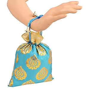 Touchstone Drawstring Bags Traditional Indian Handcrafted in Ficus Leaf Pattern Brocade Fabric. Perfect for Gifts Jewelry Weddings Sweet Distribution Set of 9 Vibrant Multicolor Pouches Purses Potli.