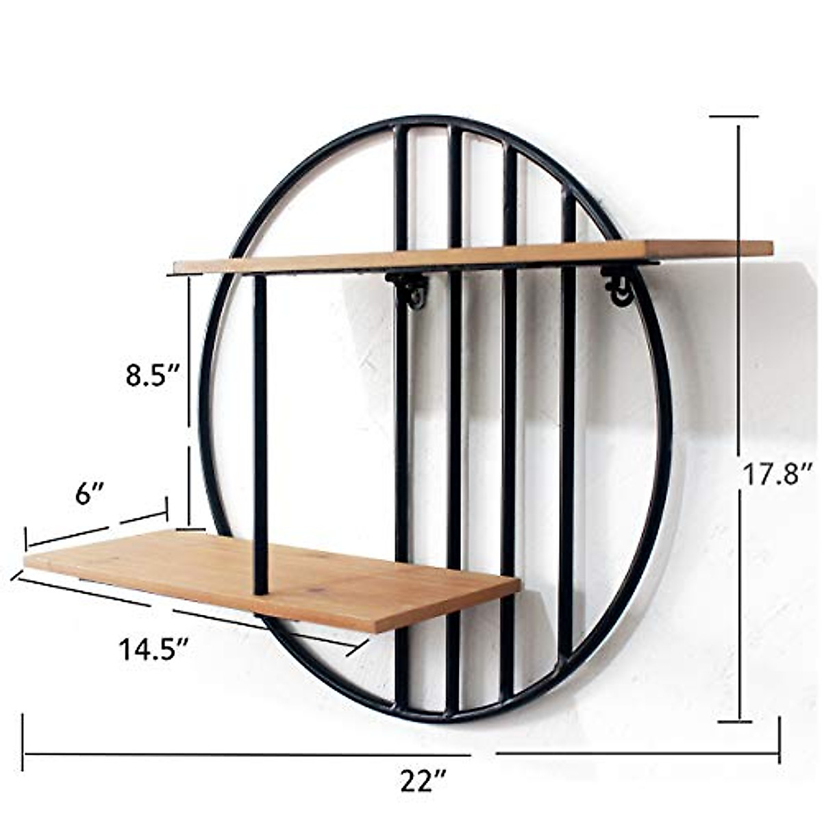 Funerom Rustic Wood and Metal Wall Mounted Floating Shelves Decorative Round Wall Shelf for Living Room, Bathroom, Kitchen