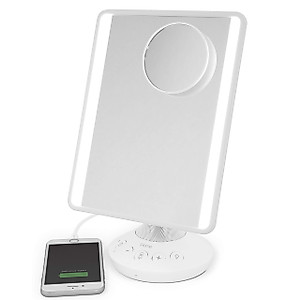 iHome 7" x 9" Reflect iCVBT22W Adjustable Vanity Mirror with Bonus 10X Mirror, Bluetooth Audio, Hands-Free Speakerphone, LED Lighting, Siri & Google Support USB Charging, (White, 7" x 9")