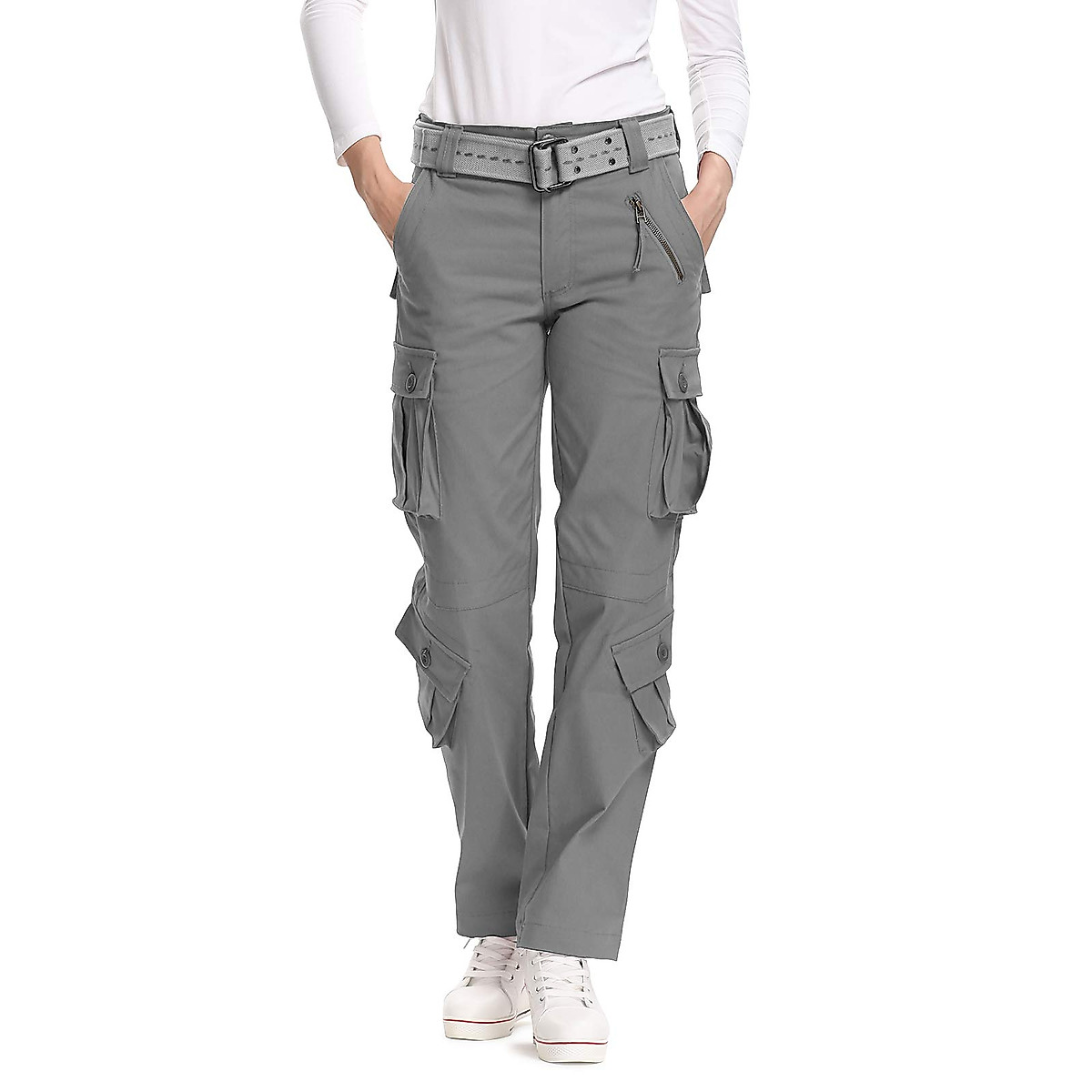 Mesinsefra Women's Cargo Pants Camping Pants Cotton Work Casual Loose Fit Trousers with Multi Pockets Grey 6