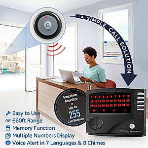 SYNLETT Wireless Calling System Nurse Call System Caregiver Pager for Restaurant Clinic Nursing Home 11 Languages 3 Alert Tones, 10 Call Buttons and 1 Monitoring Unit for Patients Seniors Customer