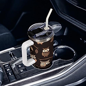 LLUTSNTH 40 Oz Vacuum Tumbler with White Handle Leakproof Insulated Tumbler Cute Brown Cartoon Owls Stainless Steel Travel Mug with Lid And Straw Coffee Cup Cute Water Bottles Cup Holder Friendly