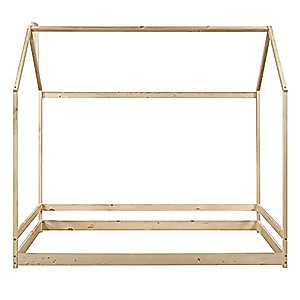 Merax Twin Size Wood House Bed, Wooden Bedframe with Roof for Kids, Teens, Boys or Girls, Natural