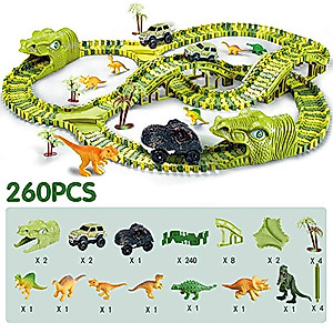 Dinosaur Toys, 260 Pcs Dinosaur Car Race Track Toy with 3 Cars Playset, Includes 250 Flexible Train Track, 7 Dinosaur and 2 Dinosaur Head Best Gift for Boys Girls Ages 3 4 5 6 7Years Old and Up