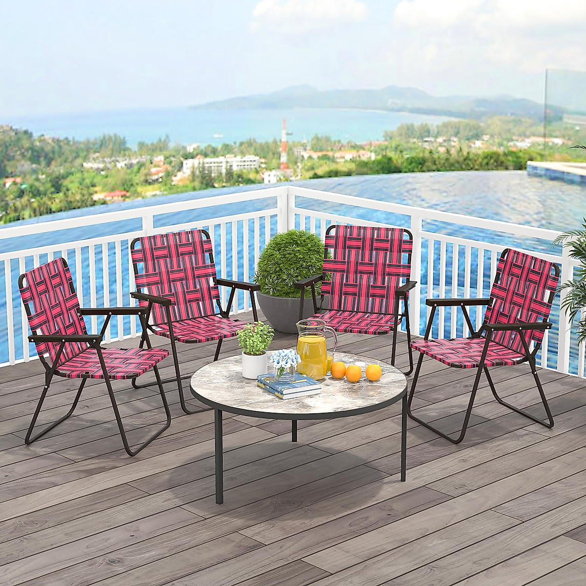 LDAILY Moccha Folding Chair Set of 6, Patio Lawn Chairs with Armrest, Sturdy Steel Frame, 6 Pack Portable Outdoor Chair, Webbed Lawn Beach Chair for Camping, Fishing, Patio, Garden, Bay, Yard, Red