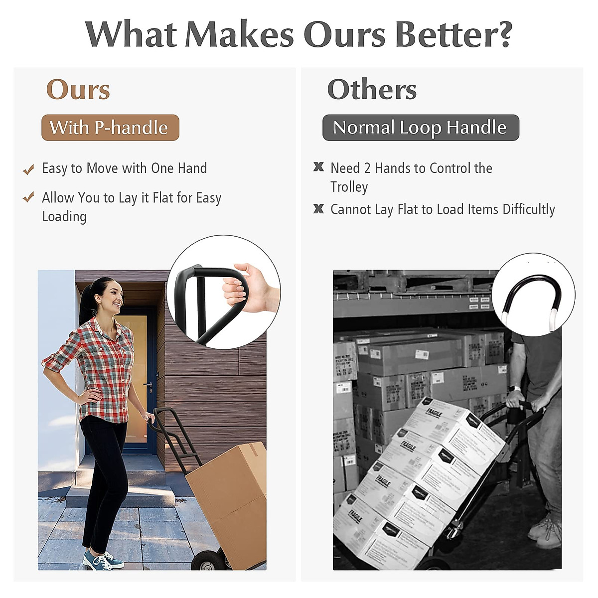 S AFSTAR P Handle Hand Truck, High Back Sack Barrow with 10" Rubber Wheels, Built-in Double Bearings & Foldable Load Plate, Heavy Duty Metal Trolley for Lifting Moving Delivery, 660 LBS Max Load