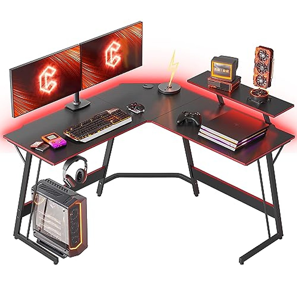 CubiCubi Flame Gaming Desk 50.4” with LED Strip & Monitor Stand, L Shaped Computer Desk Carbon Fiber Surface Gaming PC Table