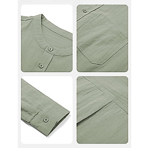 TUREFACE Mens Long Sleeve Shirt Green Cotton Linen Button Front Shirts Banded Collar Casual Beach Shirts