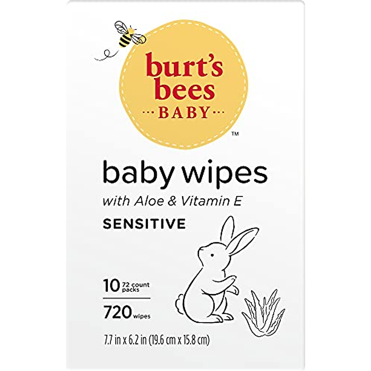 Burt's Bees Baby Wipes, Unscented Towelettes for Sensitive Skin, Hypoallergenic & Non-Irritating, All Natural with Soothing Aloe & Vitamin E, Fragrance Free, 72 count ( Pack of 10)