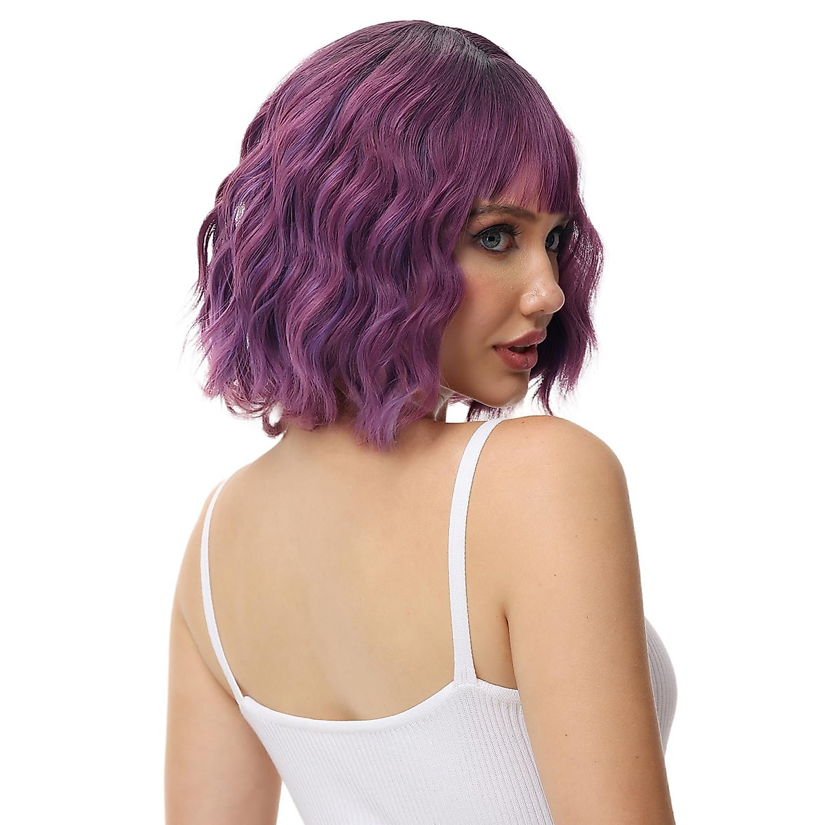 Rose bud Wavy Bob Wig with Bangs Natural Ombre Purple Wig Synthetic Hair Shoulder Length Short Curly Wigs for Women