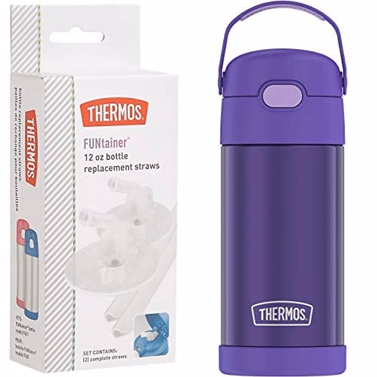 THERMOS FUNTAINER 12 Ounce Stainless Steel Vacuum Insulated Kids Straw Bottle, Violet & Thermos Replacement Straws for 12 Ounce Funtainer Bottle, Clear, one size (F401RS6)