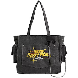 Washed Canvas Embroidered Letters Portable Retro Vintage Tote High Capacity Shoulder Underarm Bag Shopping Bag Woman Bag