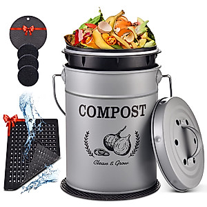 AOSION Countertop Compost Bin Kitchen,Odorless Indoor Compost Bin with Lid and Compost Bags,Compost Bucket Composter Container for Food Waste,Grey