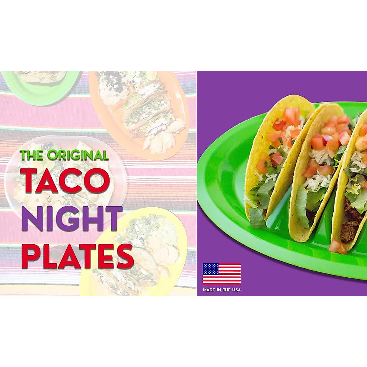 Jarratt Industries Fiesta Taco Serving Plastic Plates Set, Serving Trays with Stand Up Holder for Soft and Hard Shell Tacos, Use for Taco Nights and Bar, Microwave Safe, Set of 4