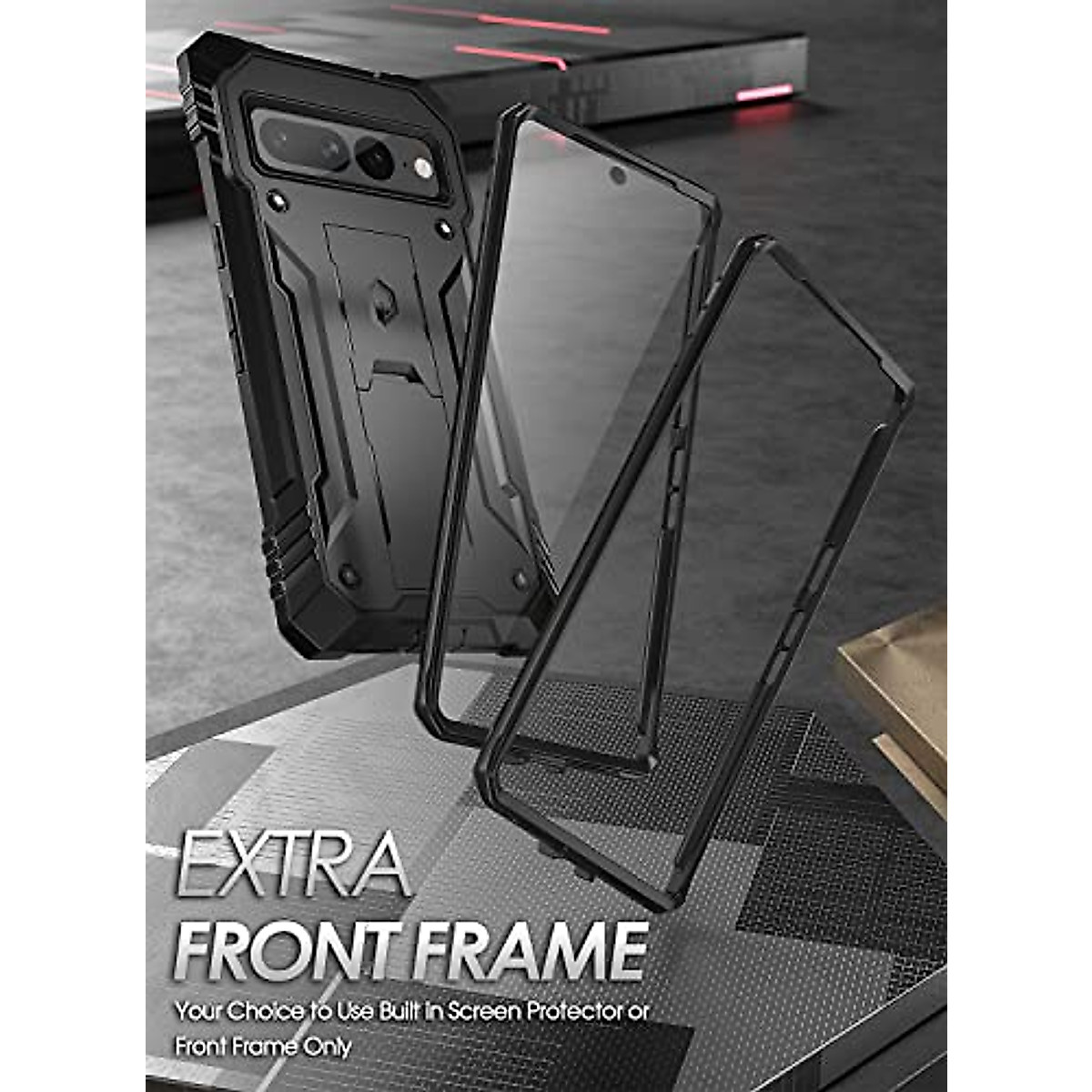 Poetic Revolution Series Case for Google Pixel 7 Pro 5G, Built-in Screen Protector Work with Fingerprint ID, Full Body Rugged Shockproof Protective Cover Case with Kickstand, Black