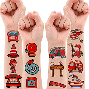 (96 PCS) Firefighter Fire Truck Fireman Temporary Tattoos Themed Birthday Party Decorations Favors Supplies Cute Tattoo Stickers For Children Boys Girls Games School Gifts Rewards Home Activity