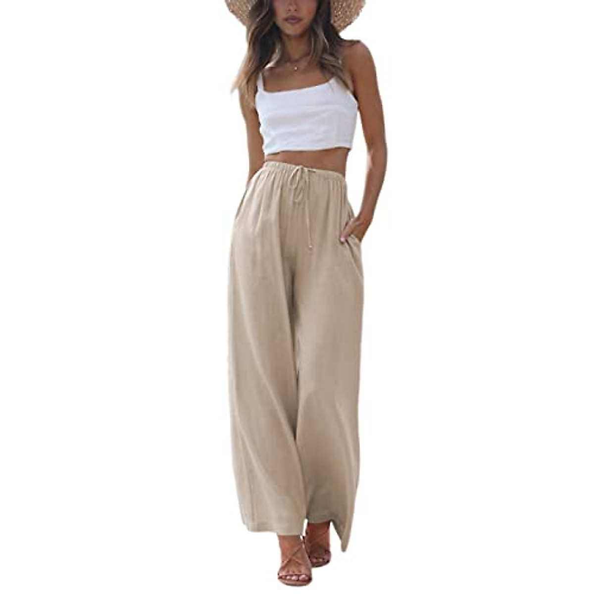 Bianstore Women's Cotton Linen Palazzo Pants Flowy Wide Leg Elastic Waist Summer Beach Pants Trousers(Khaki-XL)