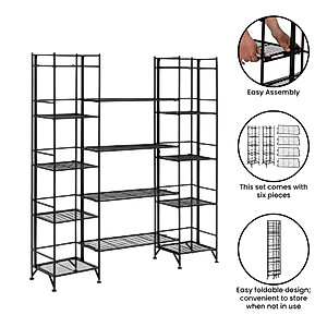 Convenience Concepts Xtra Storage Shelves - 5 Tier Folding Metal Shelving with Set of 4 Extension Shelves - Modern Shelves for Storage and Display in Living Room, Bathroom, Office, Black