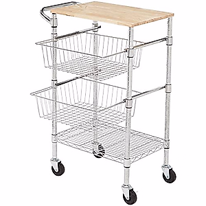 Amazon Basics 3-Tier Metal Basket Rolling Cart with Wood Top